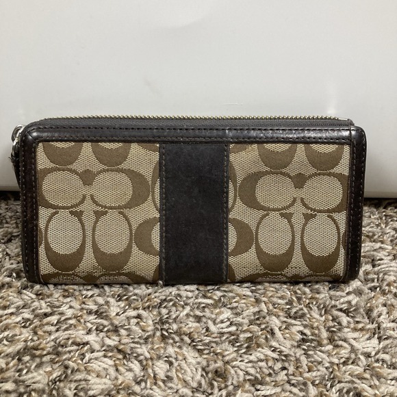 Coach | Bags | Coach Signature Logo Stripe Canvas Zippy Wallet Brown ...
